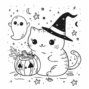 5 Cute Halloween Theme Coloring Pages, Halloween Coloring, Cat Coloring ...