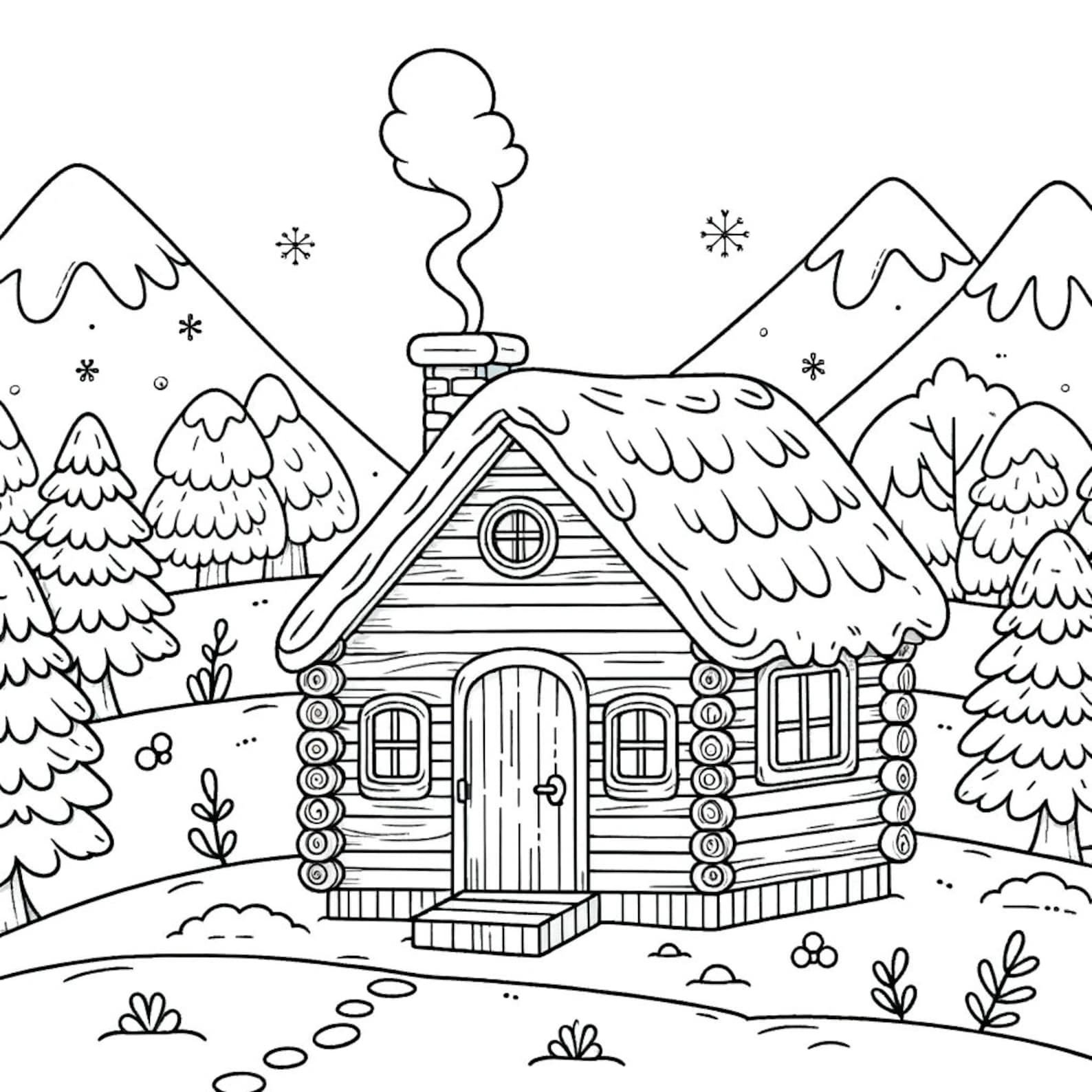 5 Winter Cabin Coloring Pages, Winter Coloring Pages, Snowy Coloring ...