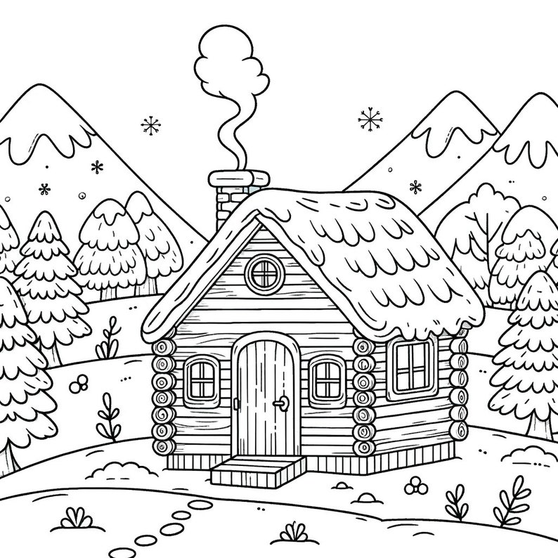 5 Winter Cabin Coloring Pages, Winter Coloring Pages, Snowy Coloring ...
