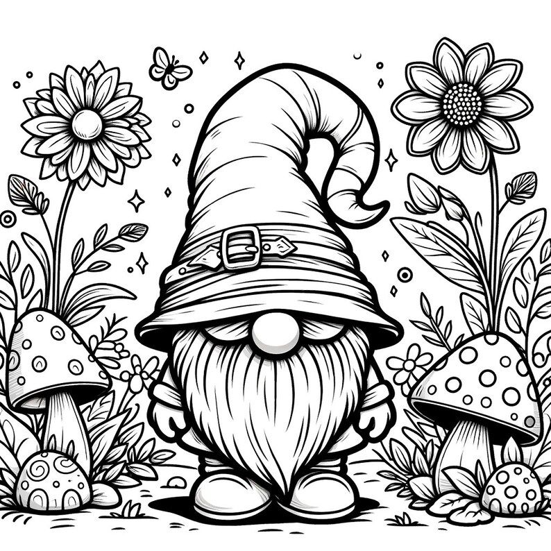 10 Gnome Coloring Pages, Enchanted Gnome Coloring Page, Fantasy Gnome ...