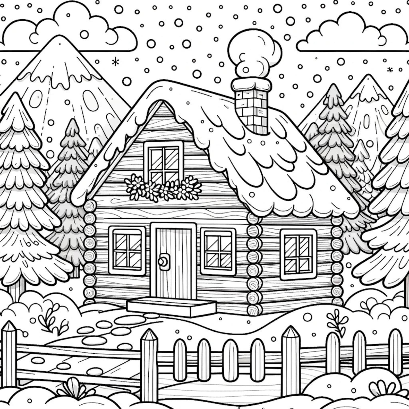 5 Winter Cabin Coloring Pages, Winter Coloring Pages, Snowy Coloring ...