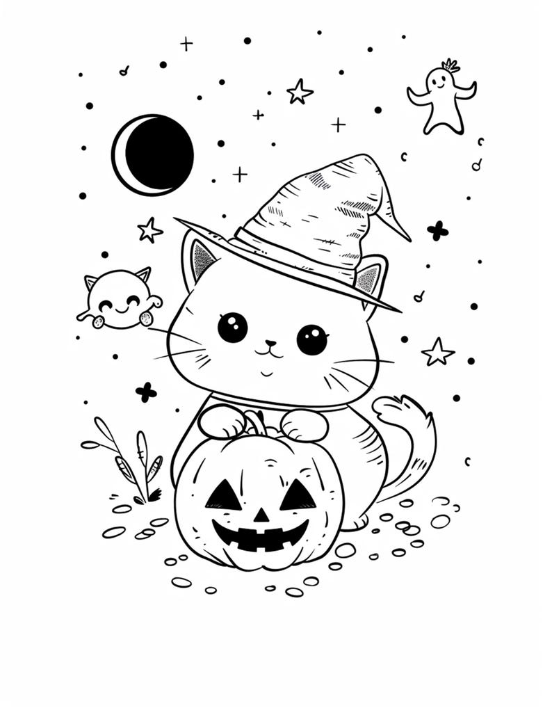 5 Cute Halloween Theme Coloring Pages, Halloween Coloring, Cat Coloring ...