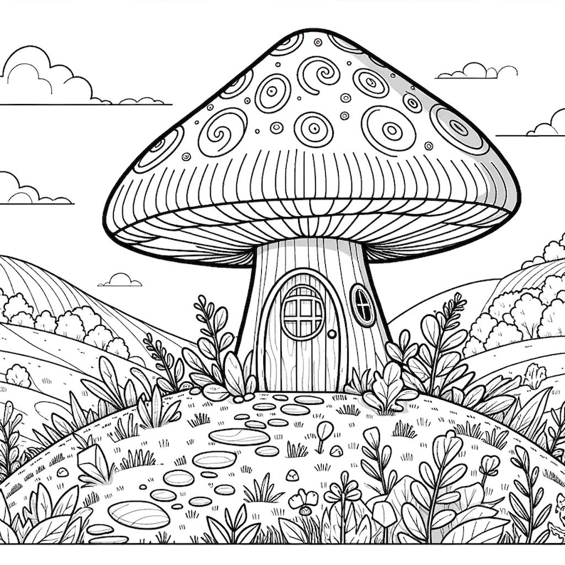 25 Mushroom House Coloring Pages, Enchanted Mushroom House Bundle, Cute ...