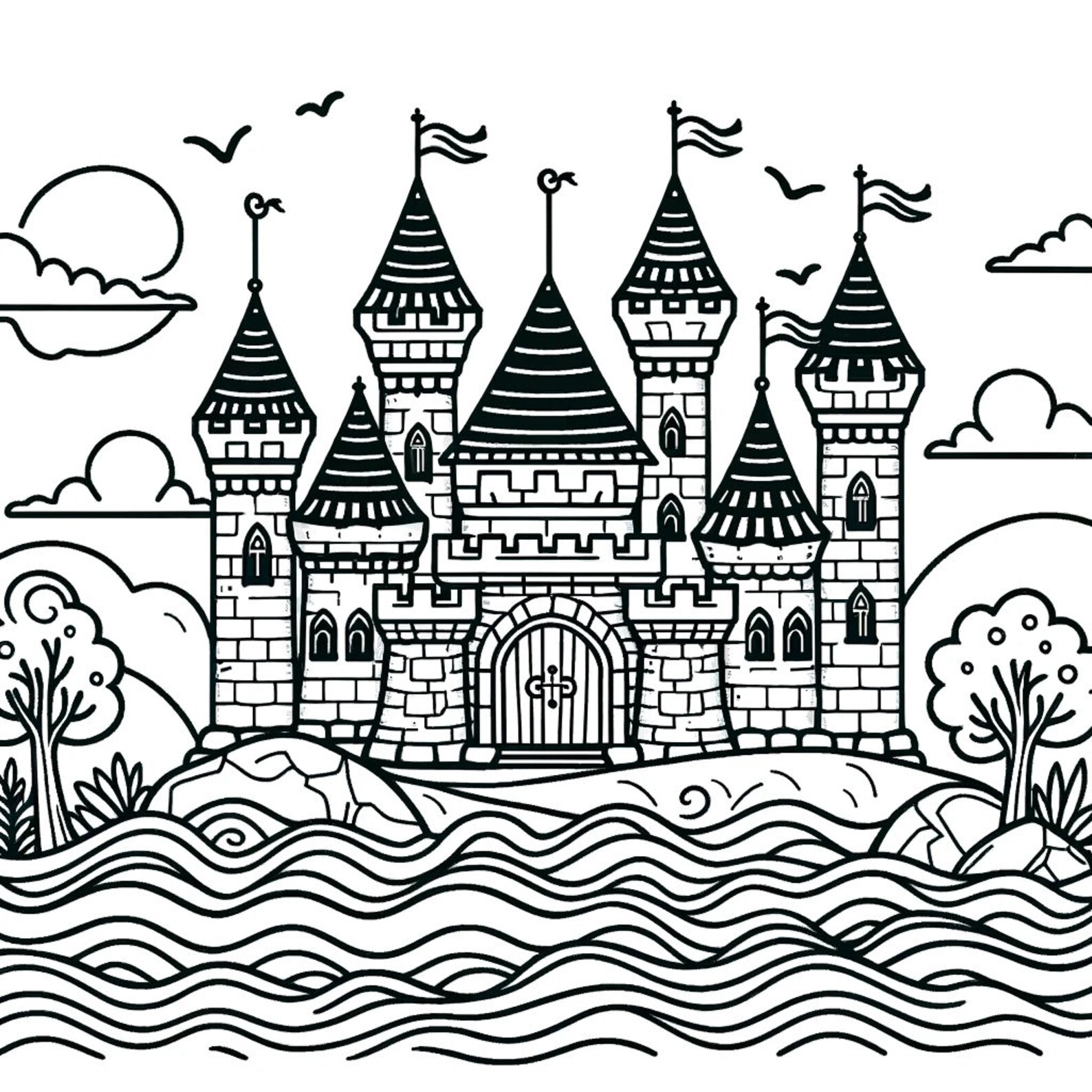 5 Castle Coloring Pages, Fantasy Castle Coloring, Adult Coloring, Kids ...