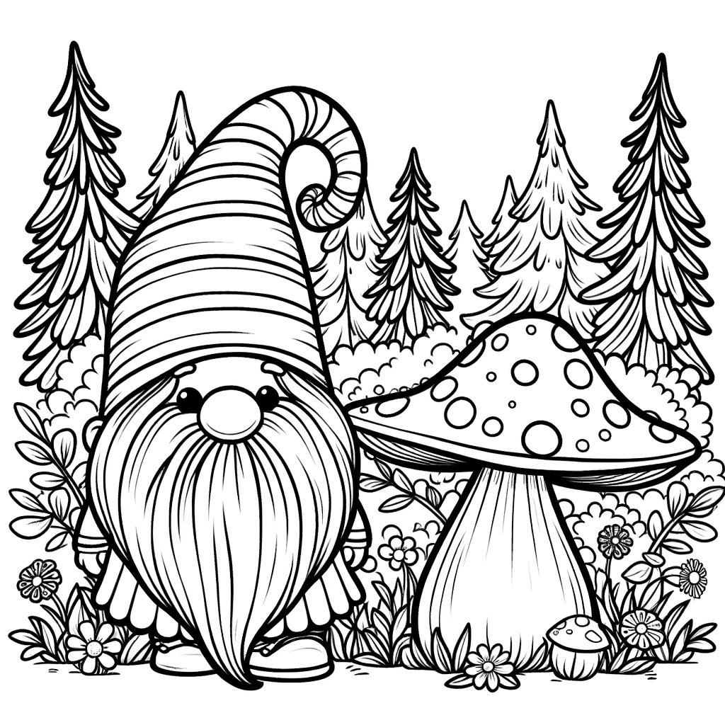 5 Gnome Coloring Pages, Enchanted Gnome Coloring Page, Fantasy Gnome ...