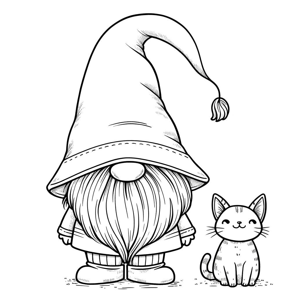 5 Gnome Coloring Pages,5 Cat Coloring, Enchanted Gnome, Cats and Gnome ...