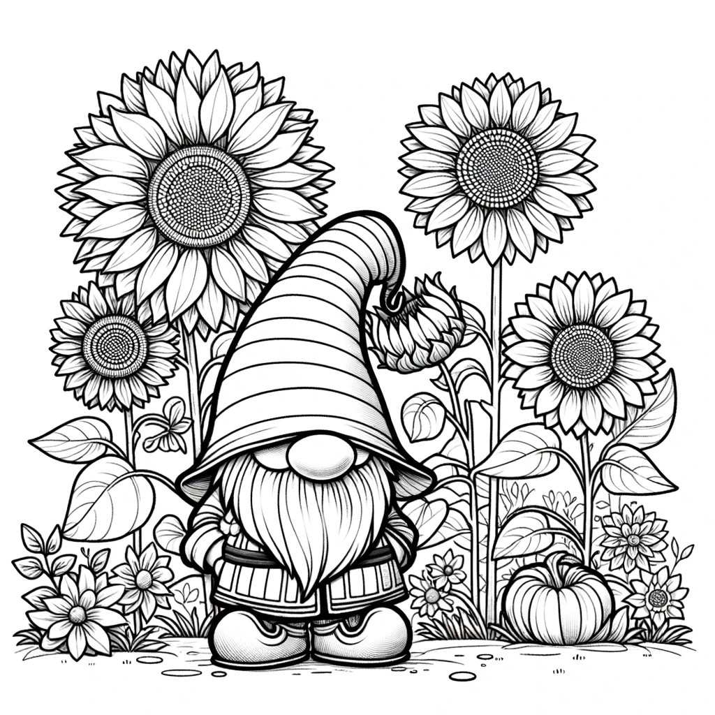 5 Sunflower Gnome Coloring Pages, Enchanted Sunflower Gnome Coloring ...