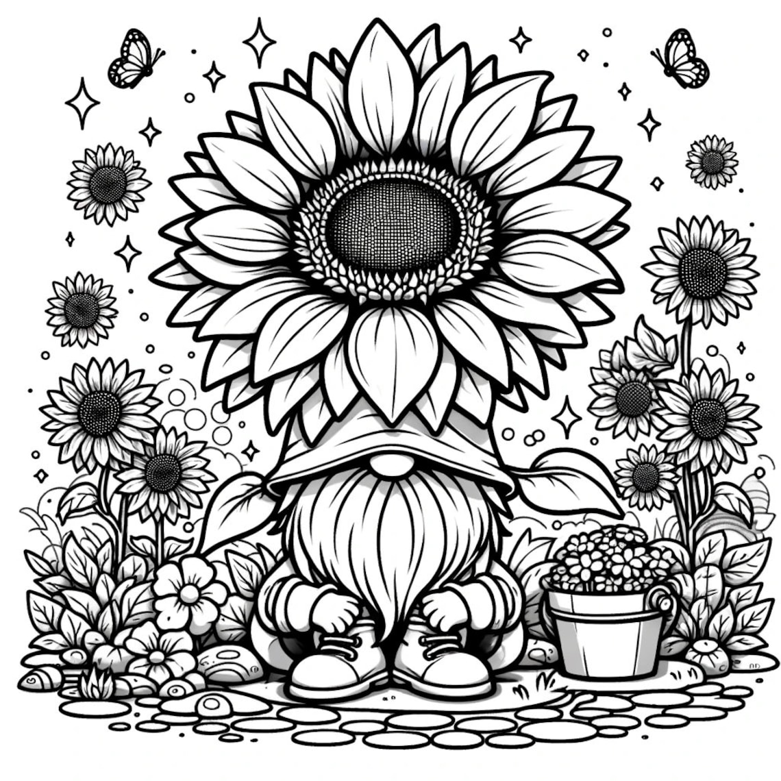 5 Sunflower Gnome Coloring Pages, Enchanted Sunflower Gnome Coloring ...