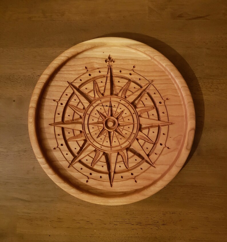 Compass Rose Wooden Tray – Carved Design – Serving Tray – Catch-all ...