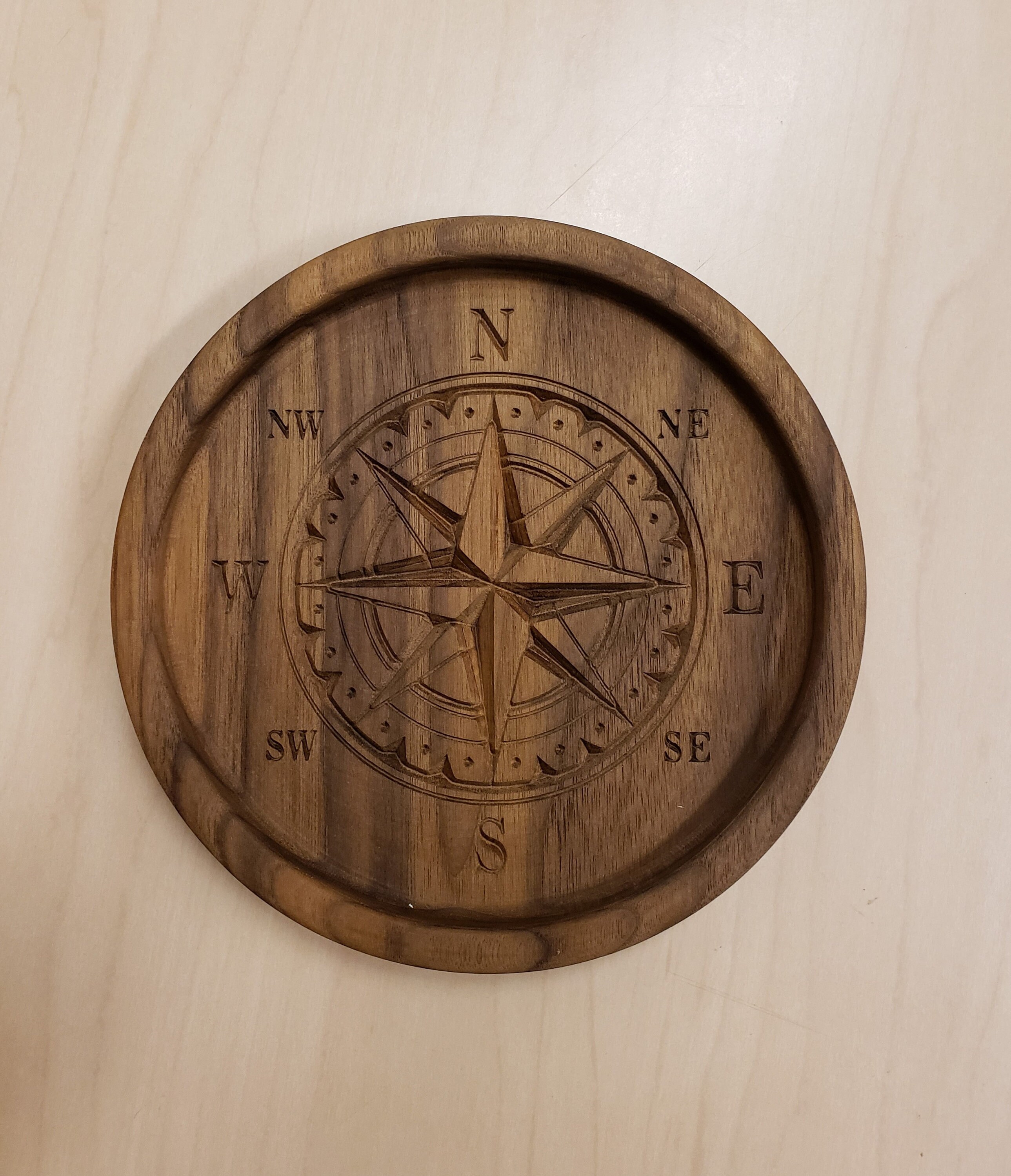 Nautical Compass Rose Walnut Catch-all Tray Handcrafted 8-inch Round ...