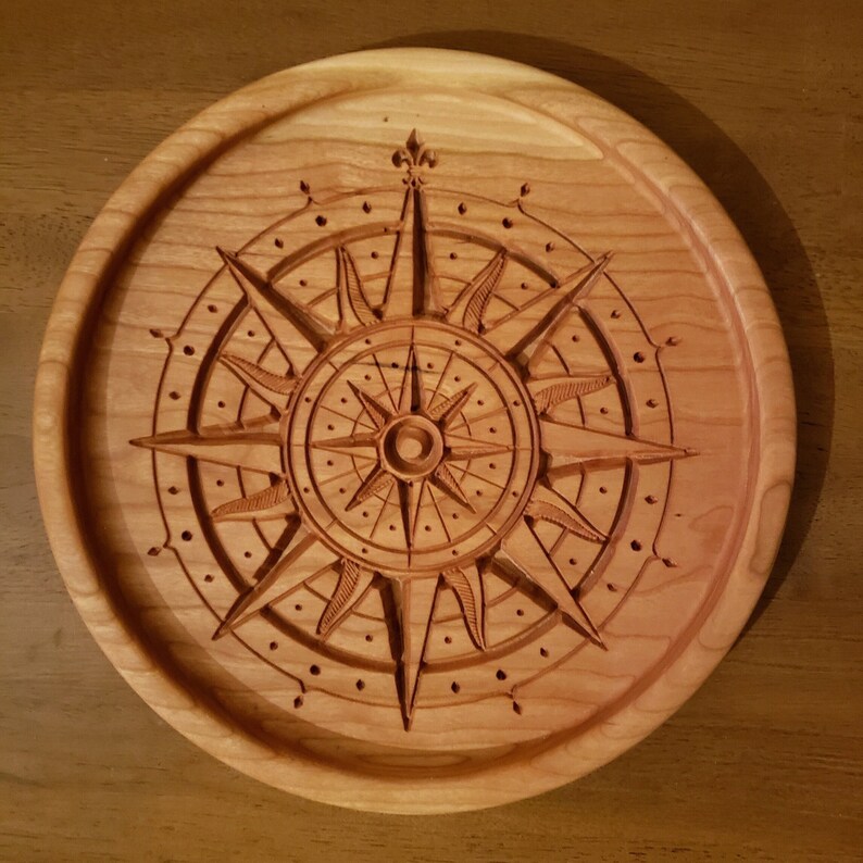 Compass Rose Wooden Tray – Carved Design – Serving Tray – Catch-all ...