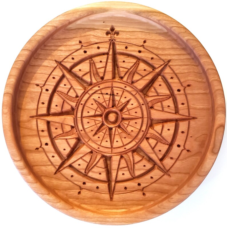 Compass Rose Wooden Tray – Carved Design – Serving Tray – Catch-all ...