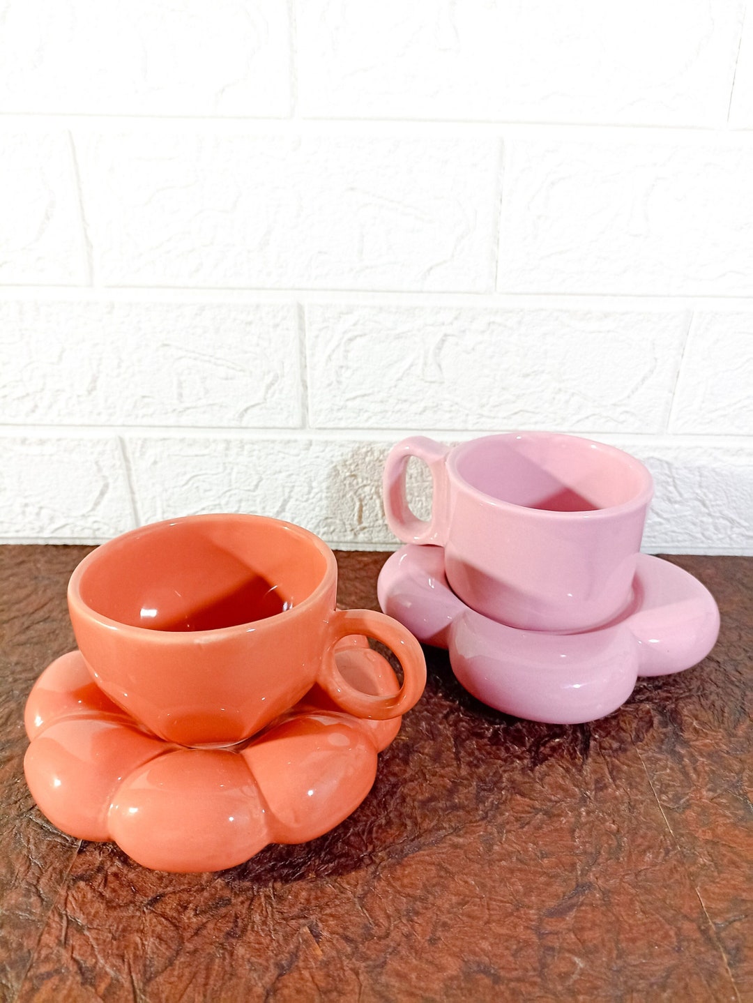 Handmade Puffy Design Mug Set, Cute Pottery Mug With Flower Saucer, Tea ...