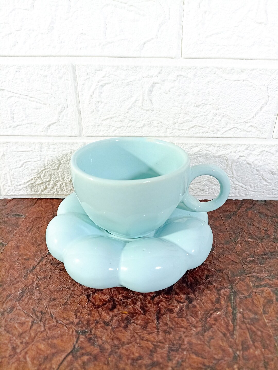 Handmade Puffy Design Mug Set, Cute Pottery Mug With Flower Saucer, Tea ...