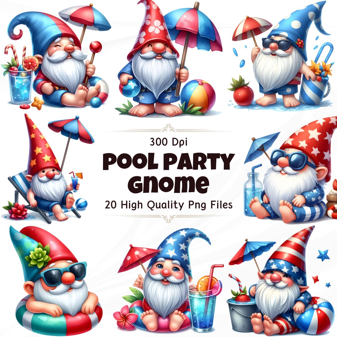 Summer Beach Pool Party Gnome Clipart 300 DPI, High-resolution ...