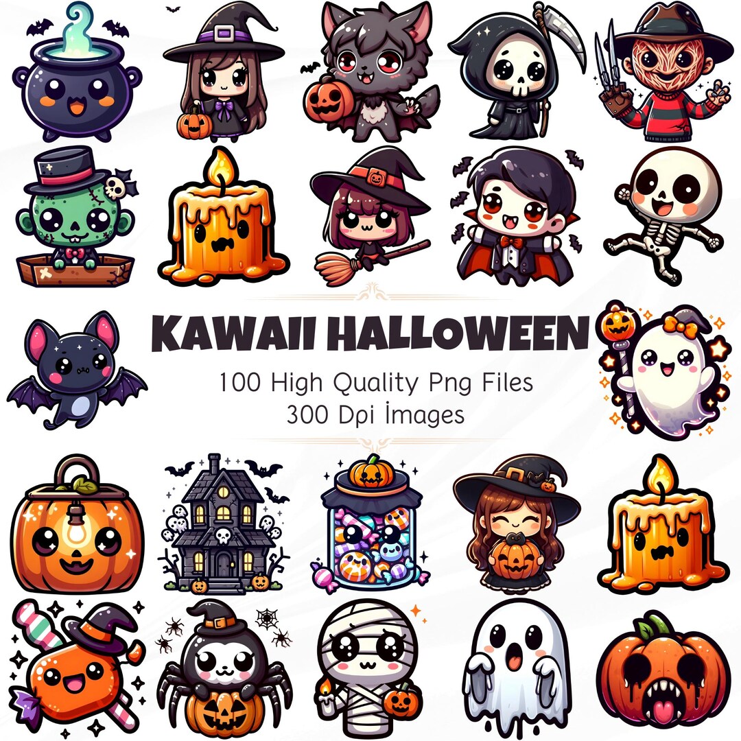 Watercolor Kawaii Halloween Clipart Set 300 DPI, High-resolution ...