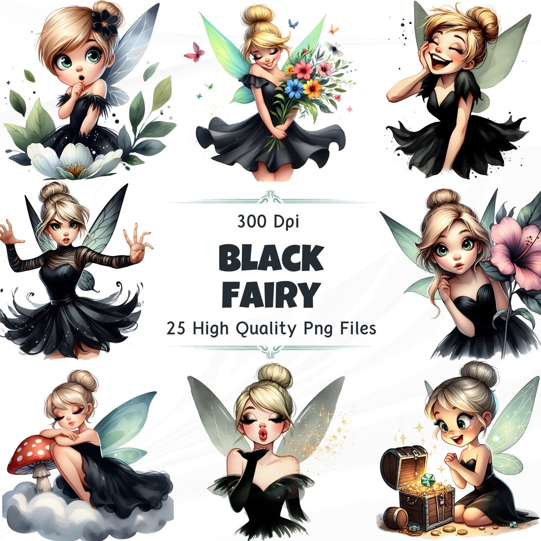 Black Dress Tinker Bell Fairy Clipart Set 300 DPI, High-resolution,for ...
