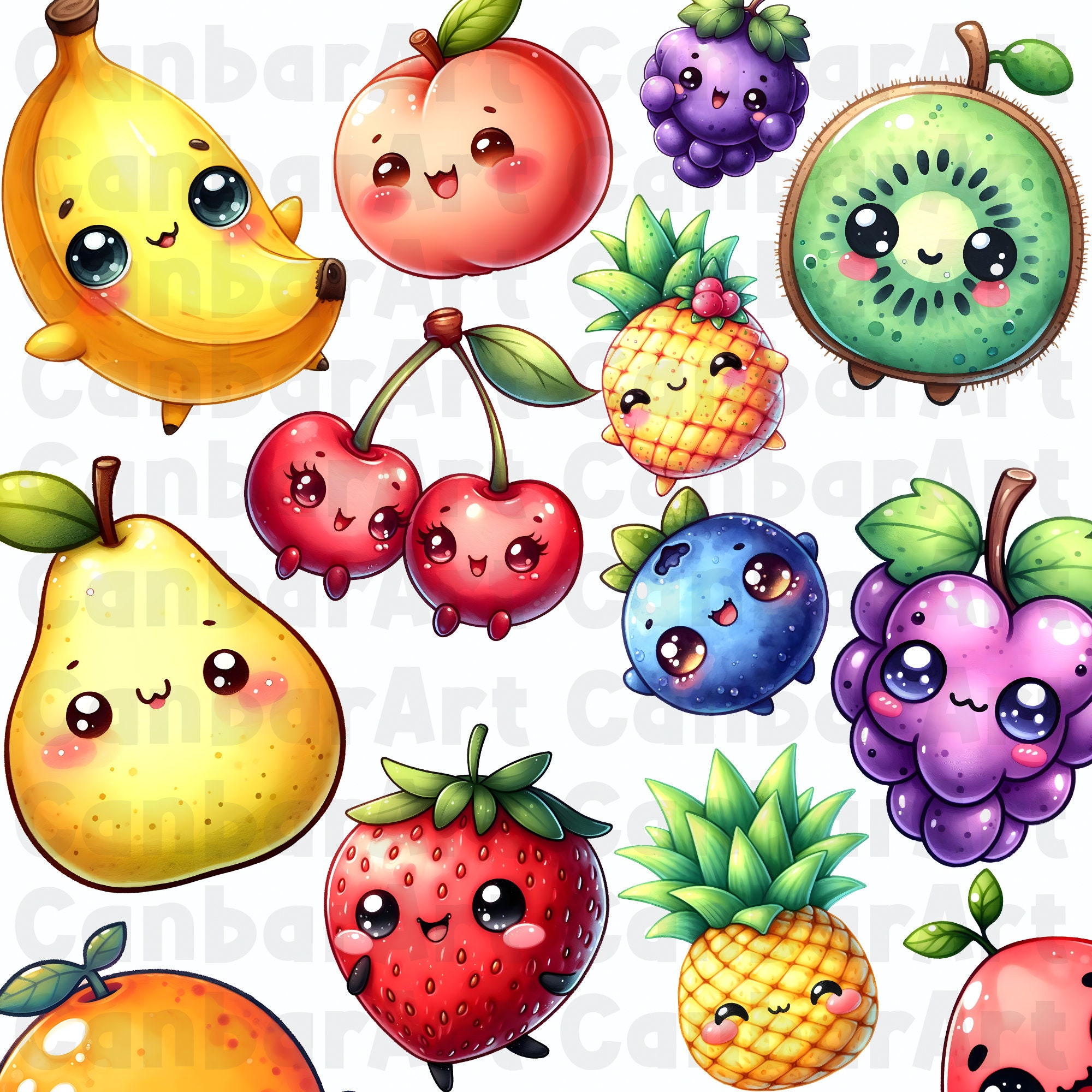 Kawaii Fruits Clipart, 24 Png Cute Fruits, Commercial Use, Banana ...