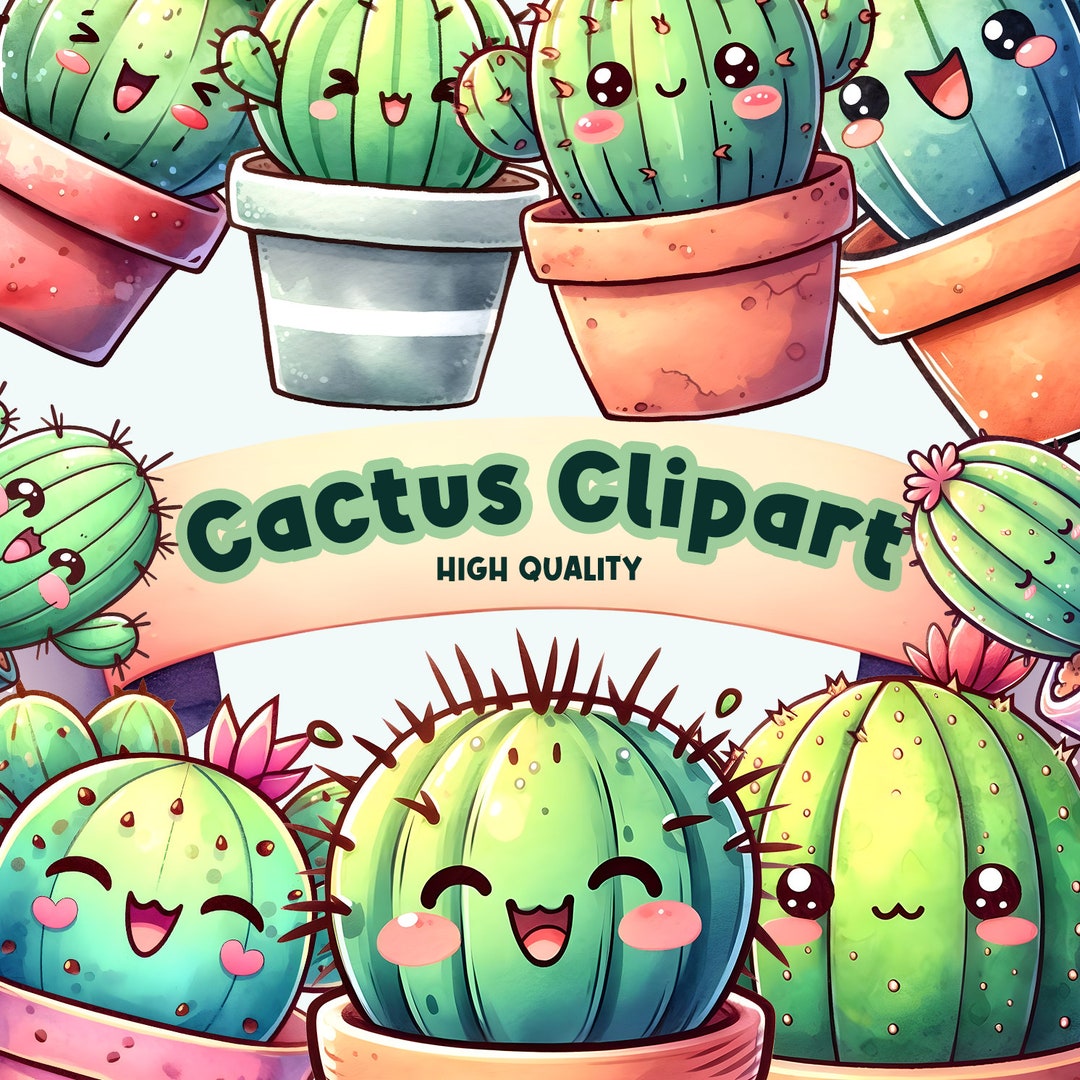 Cute Cactus Clipart, Kawaii Cactus Clipart Bundle, Digital Download ...