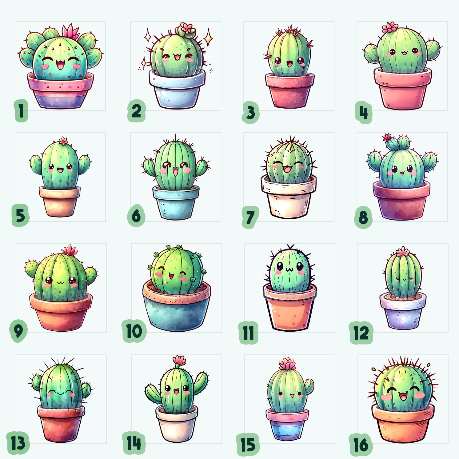 Cute Cactus Clipart, Kawaii Cactus Clipart Bundle, Digital Download ...