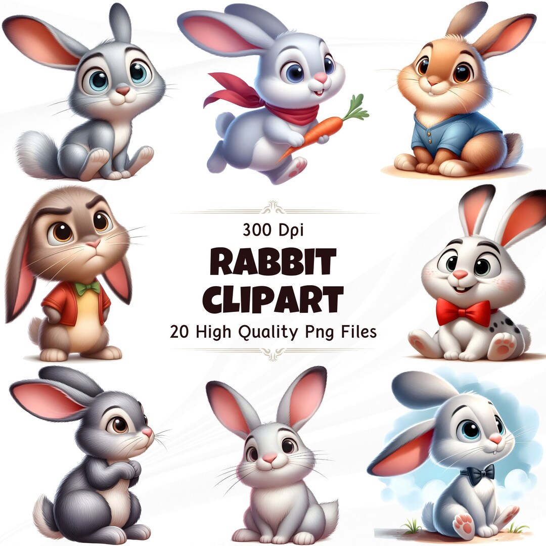 Rabbit Clipart Set 300 DPI, High-resolution, Transparent Background for ...