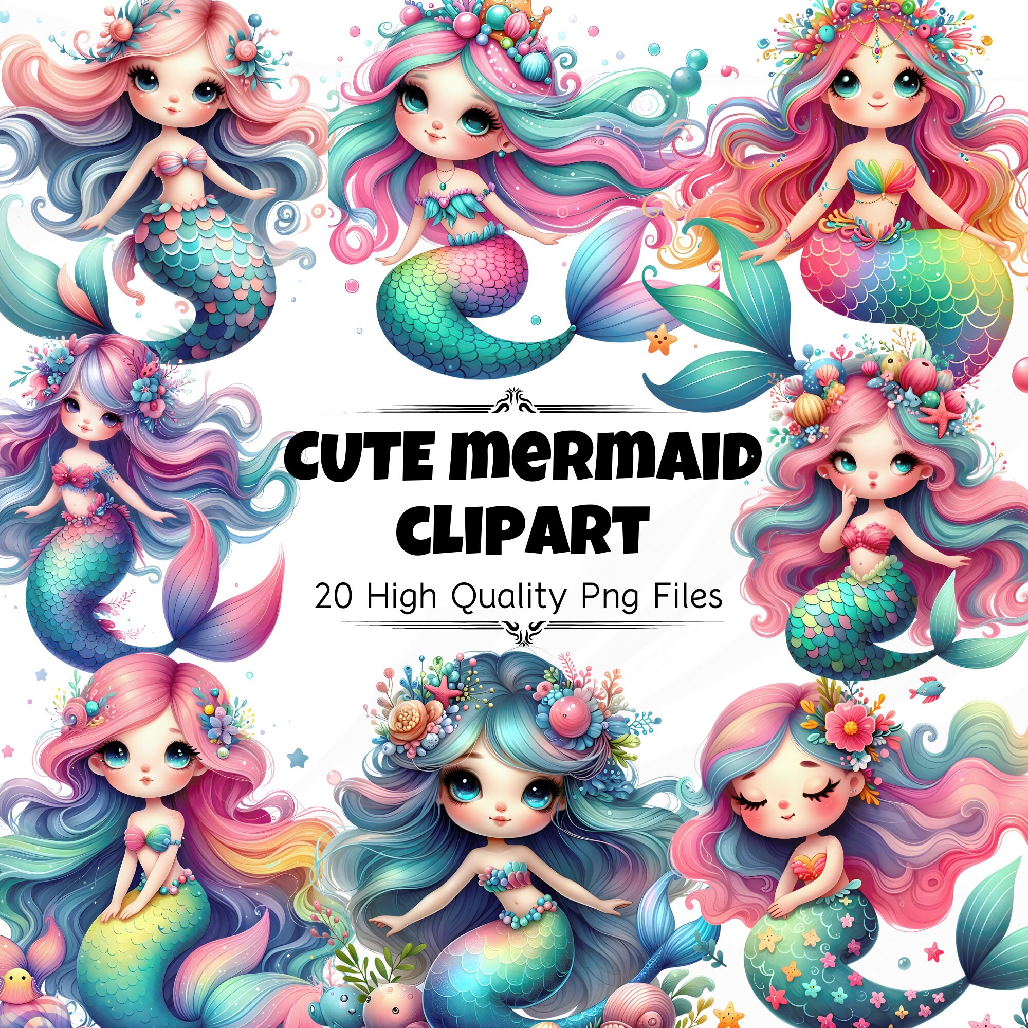Cute Mermaid Clip Art High-quality 300 DPI, Transparent Background PNG ...