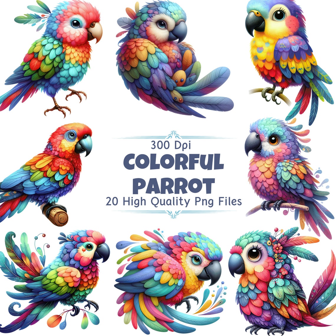 Colorful Parrot Clipart Set 300 DPI, High-resolution, Transparent ...