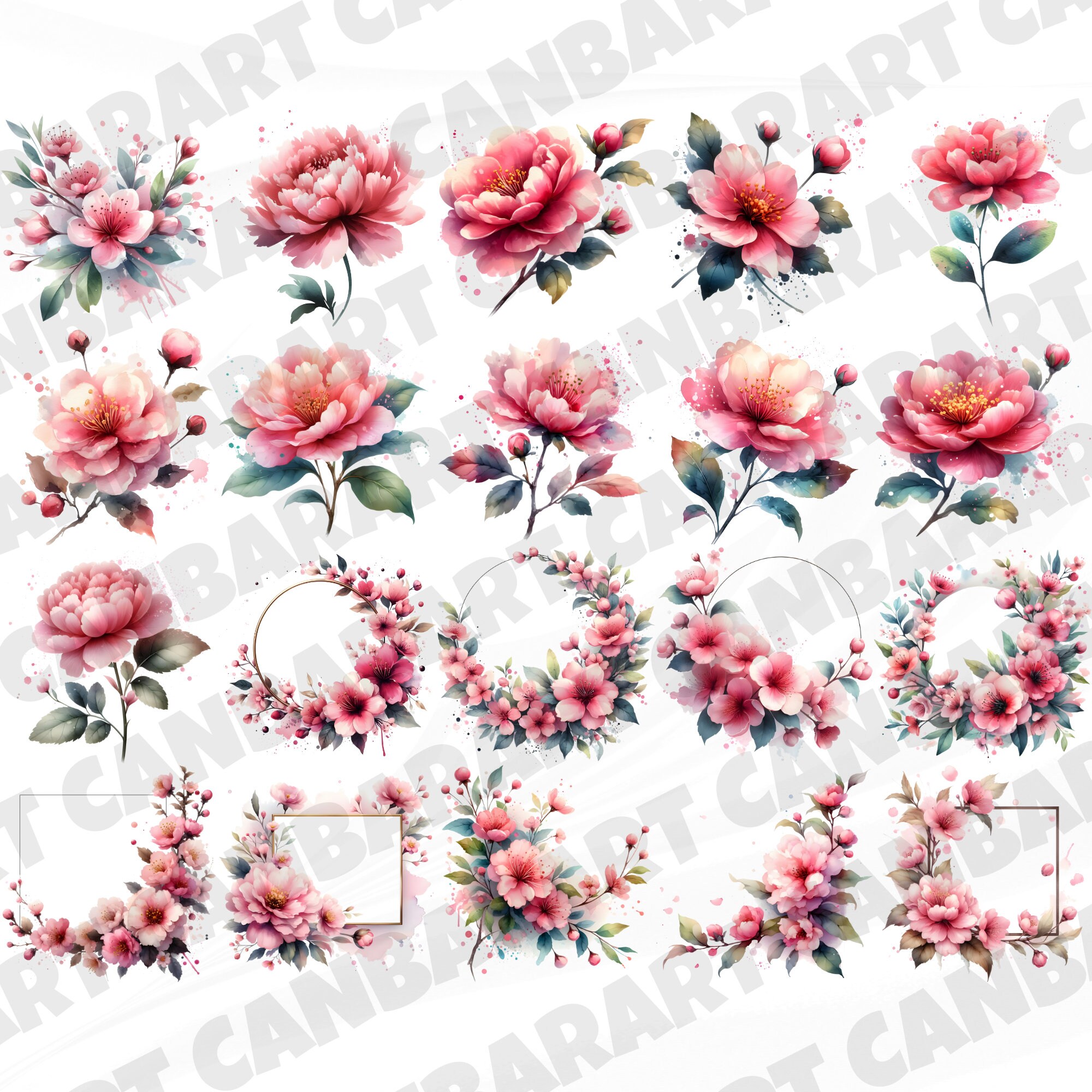 Watercolor Pink Flowers Clipart Set 300 DPI, High-resolution ...