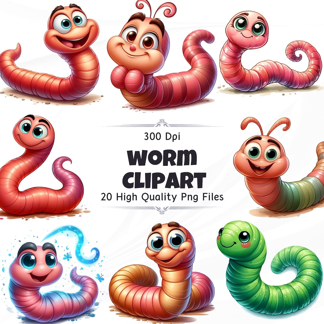 Cute Worm Clipart Set 300 DPI, High-resolution, Transparent Background ...