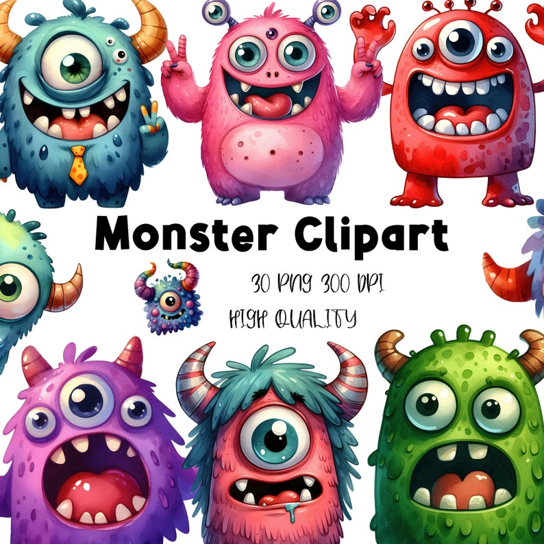 Baby Monster Clipart 30 Watercolor Cute Monster Clipart Sticker ...
