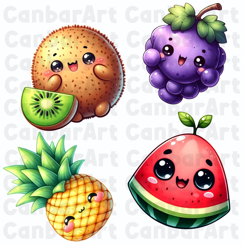 Kawaii Fruits Clipart, 24 Png Cute Fruits, Commercial Use, Banana ...