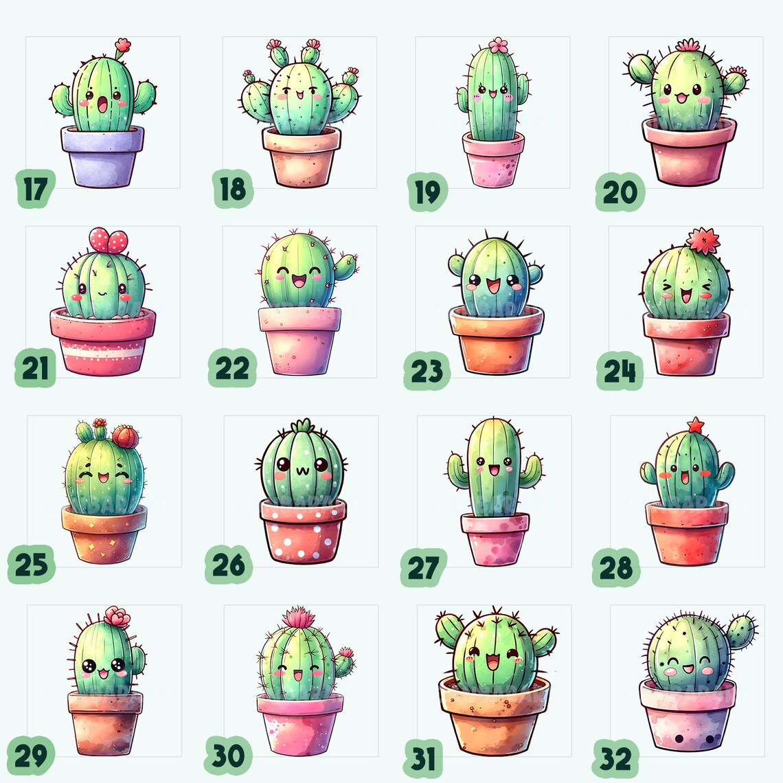 Cute Cactus Clipart, Kawaii Cactus Clipart Bundle, Digital Download ...