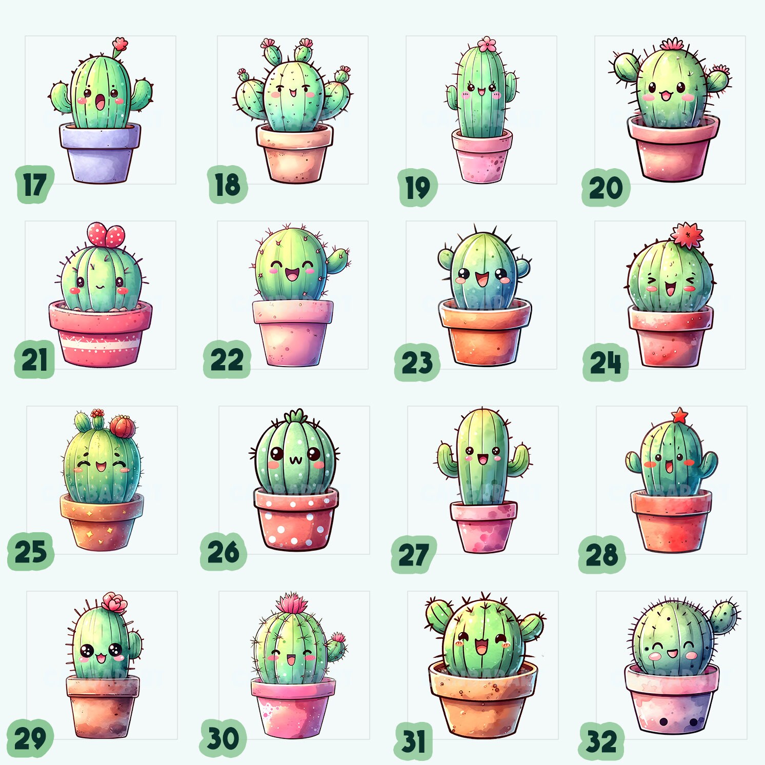 Cute Cactus Clipart, Kawaii Cactus Clipart Bundle, Digital Download ...