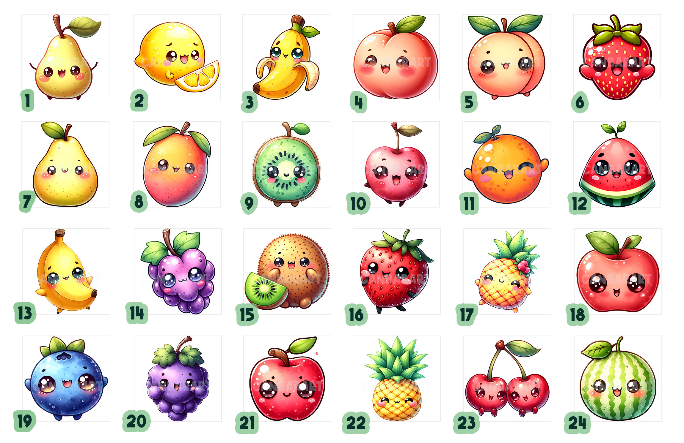 Kawaii Fruits Clipart, 24 Png Cute Fruits, Commercial Use, Banana ...
