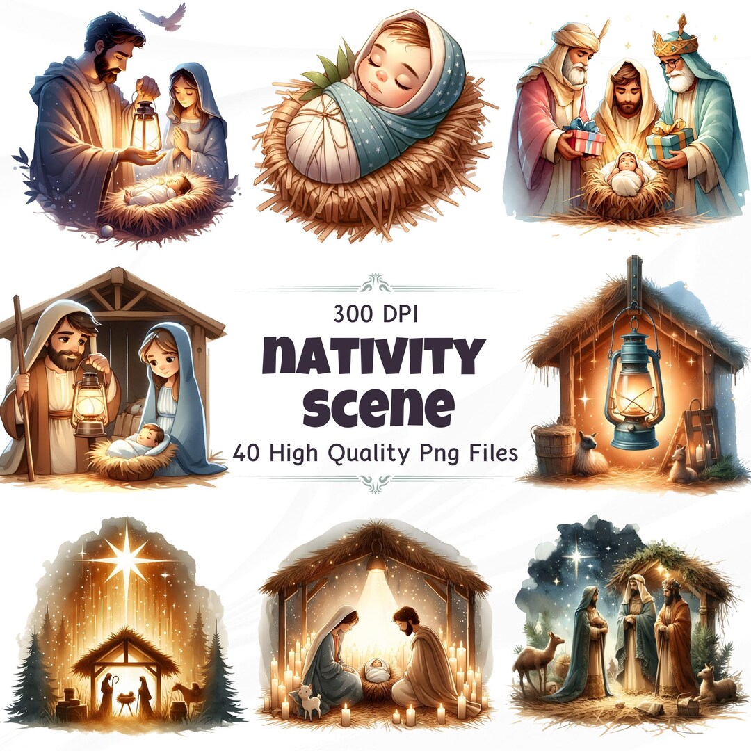 Watercolor Nativity Scene Clipart Set 300 DPI, High-resolution ...