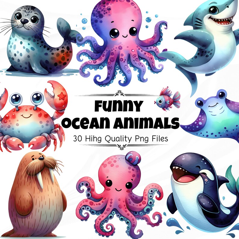 Funny Ocean Clipart 30 Funny Sea Creature Designs, High-quality PNG ...