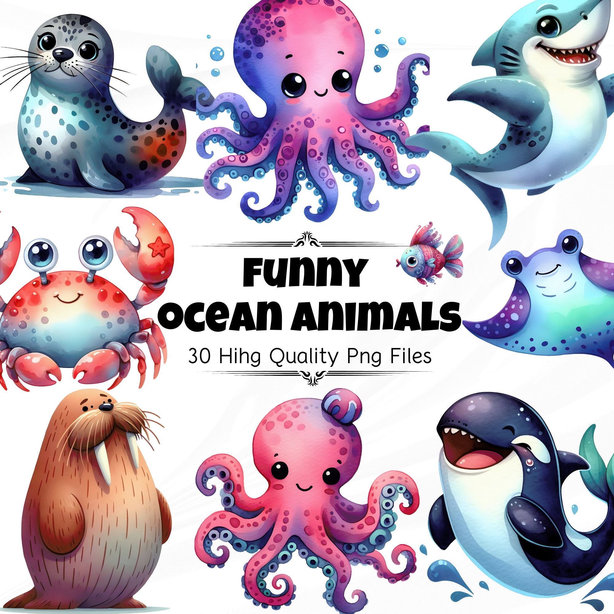 Funny Ocean Clipart 30 Funny Sea Creature Designs, High-quality PNG ...