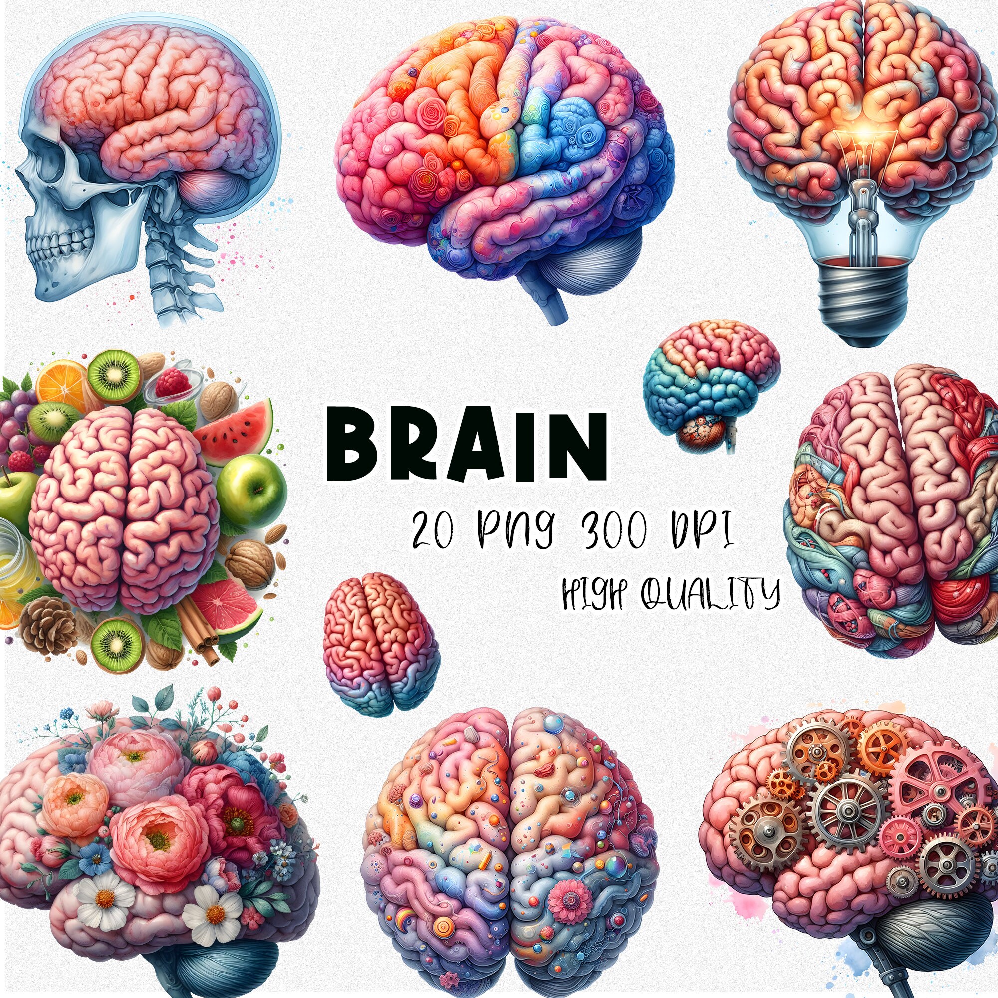 Watercolor Brain Clipart Set 20 Png High-quality Brain Illustration ...