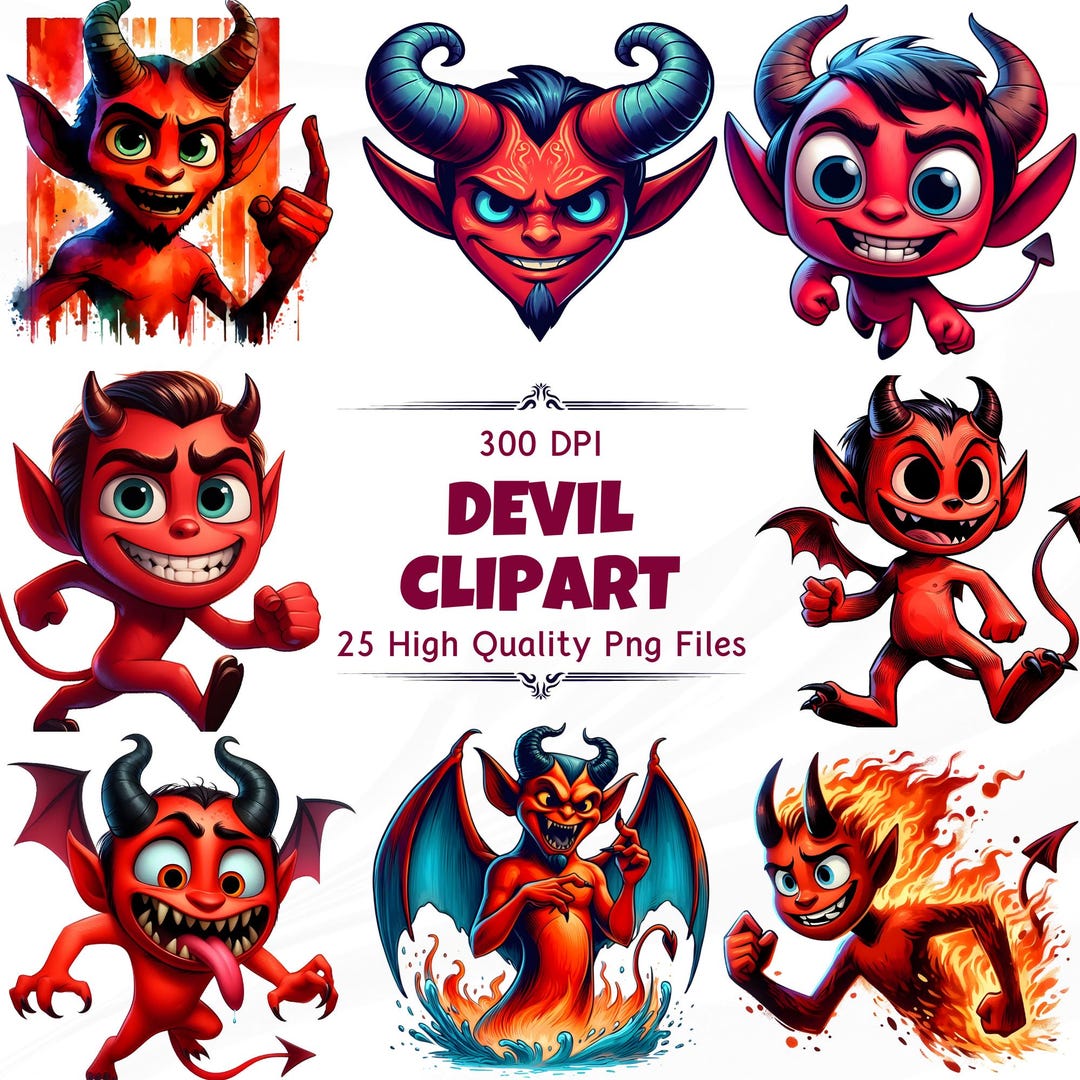 Cute Devil Clipart Set 300 DPI, High-resolution, Transparent Background for Commercial Use ...
