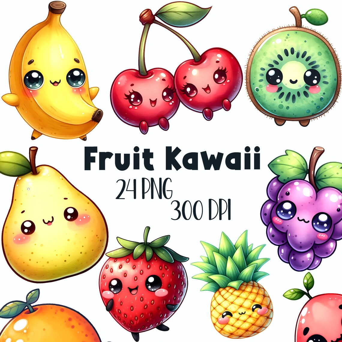 Kawaii Fruits Clipart, 24 Png Cute Fruits, Commercial Use, Banana ...