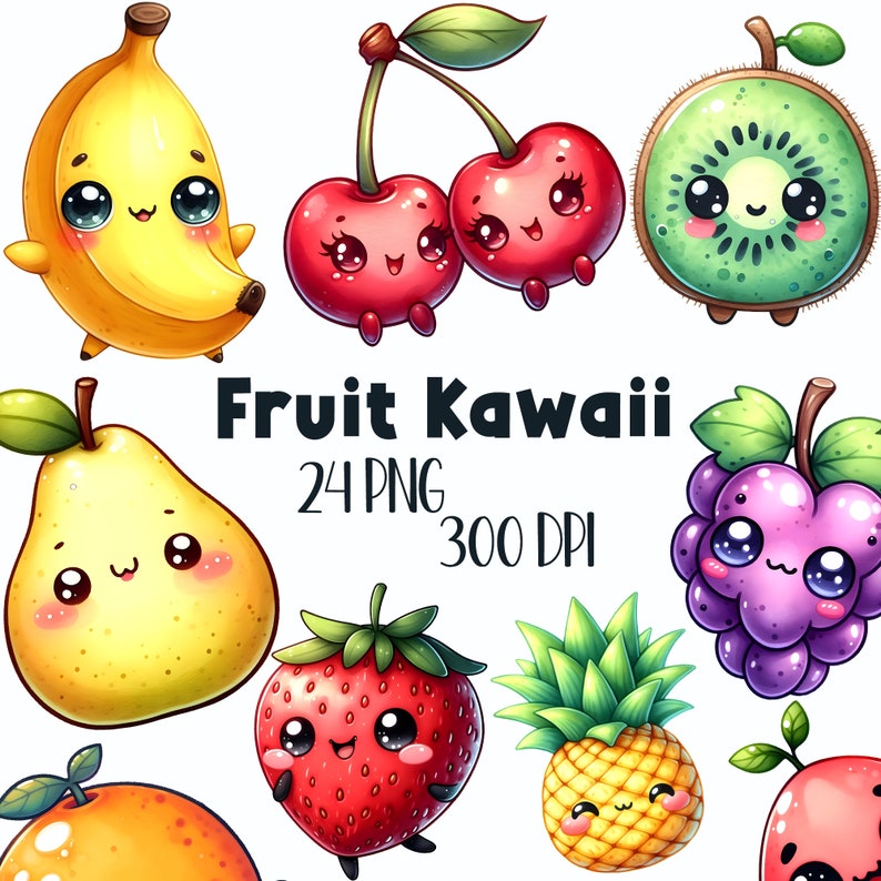 Kawaii Fruits Clipart, 24 Png Cute Fruits, Commercial Use, Banana ...