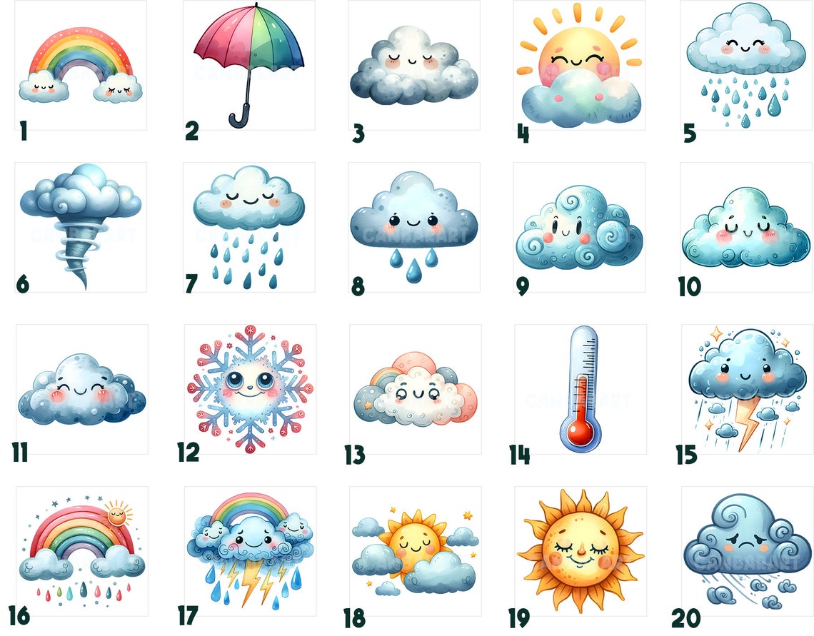 Watercolor Weather Clipart Set, Cloud Sun Rainbow Illustration, Digital ...