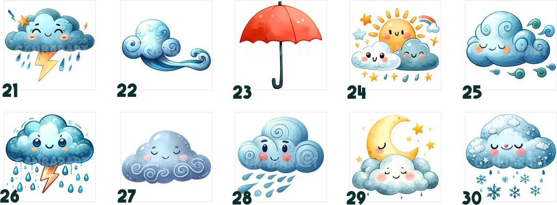 Watercolor Weather Clipart Set, Cloud Sun Rainbow Illustration, Digital ...