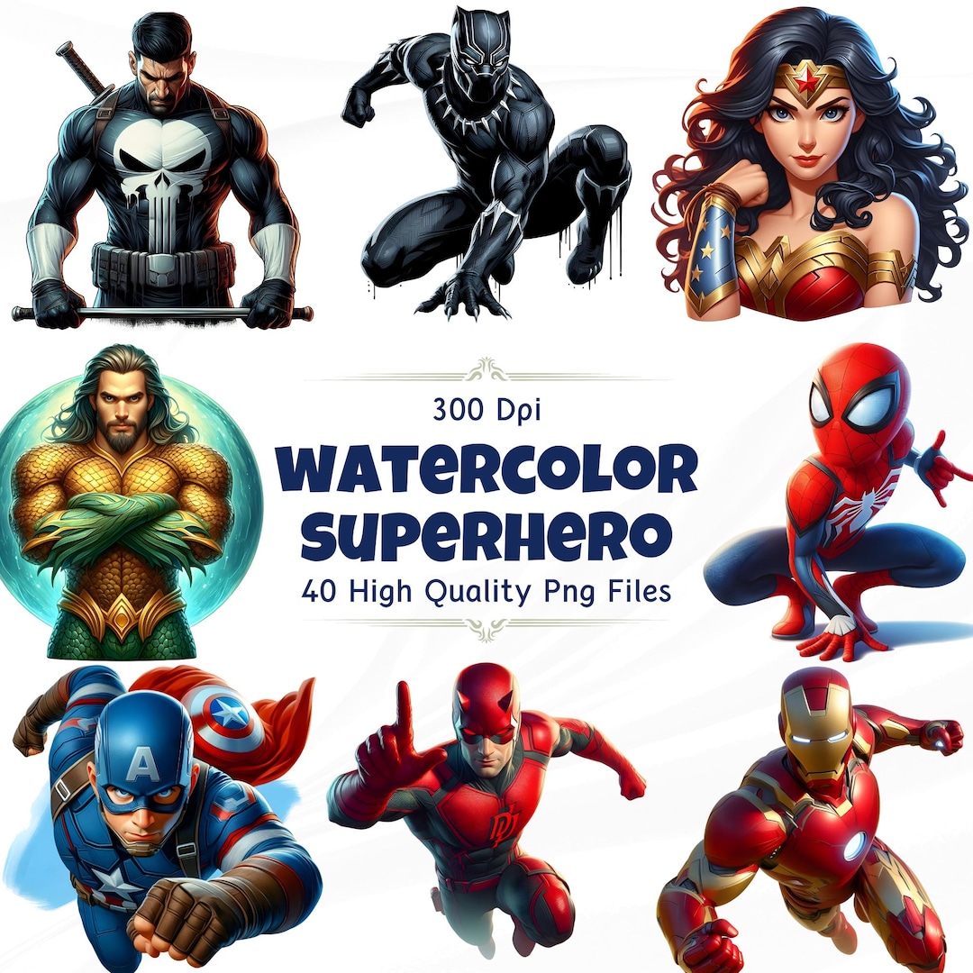 Watercolor Superhero Clipart Set 300 DPI, High-resolution, Transparent ...