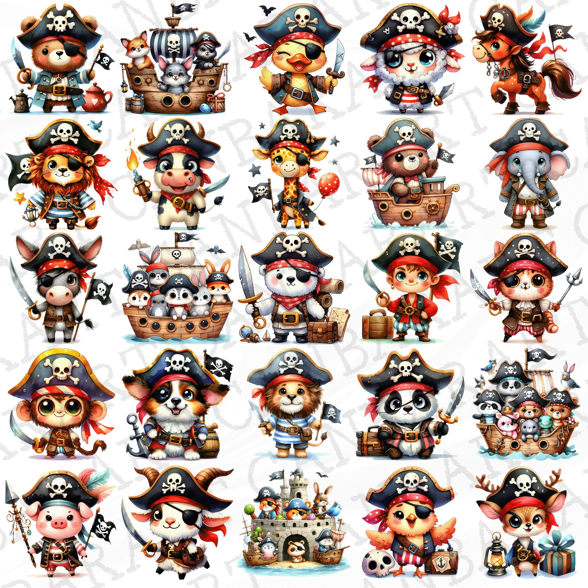Cute Pirate Animals Clipart 300 DPI Transparent Background, Ideal for ...