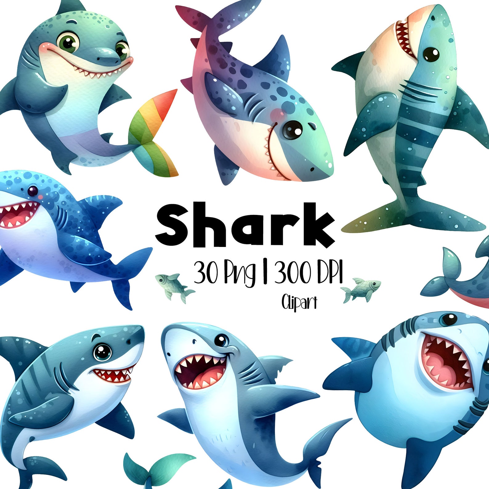 Cute Shark Clipart 30 High Quality Images, Instant Download, Commercial ...