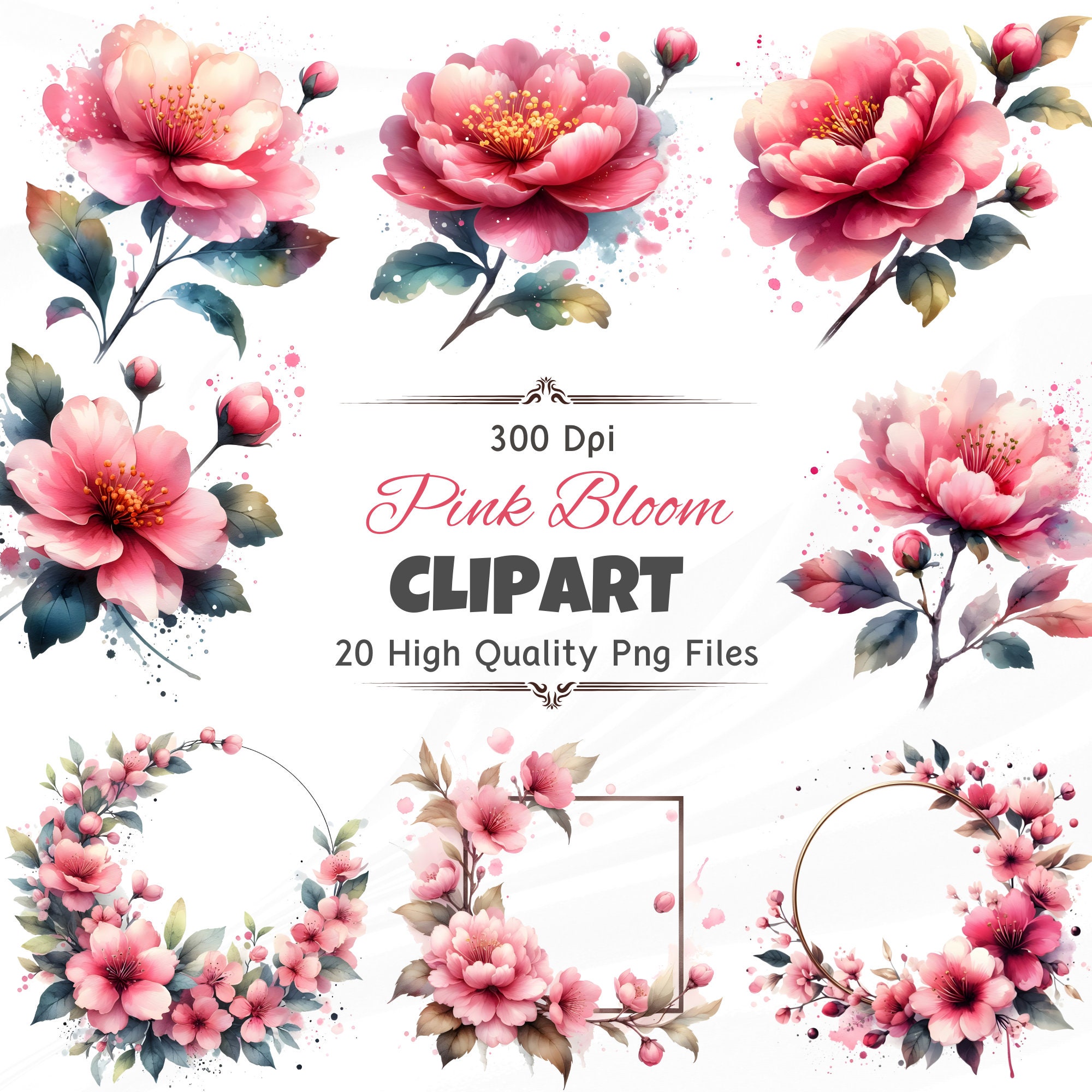 Watercolor Pink Flowers Clipart Set 300 DPI, High-resolution ...