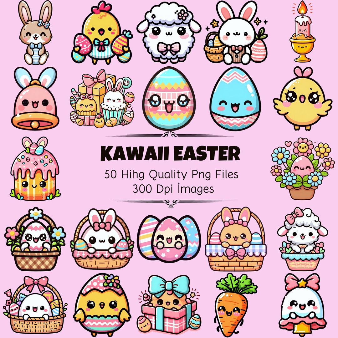 Kawaii Easter Clipart Set 50 High-quality PNG Files, Transparent ...