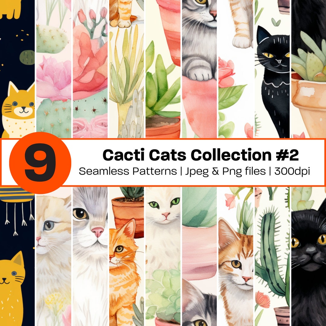 Cat Digital Paper Seamless Cute Cat Cactus Digital Pattern Scrapbooking ...