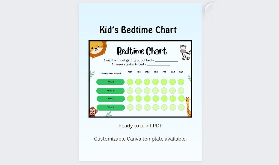 Printable Kid's Bedtime Chart - Etsy